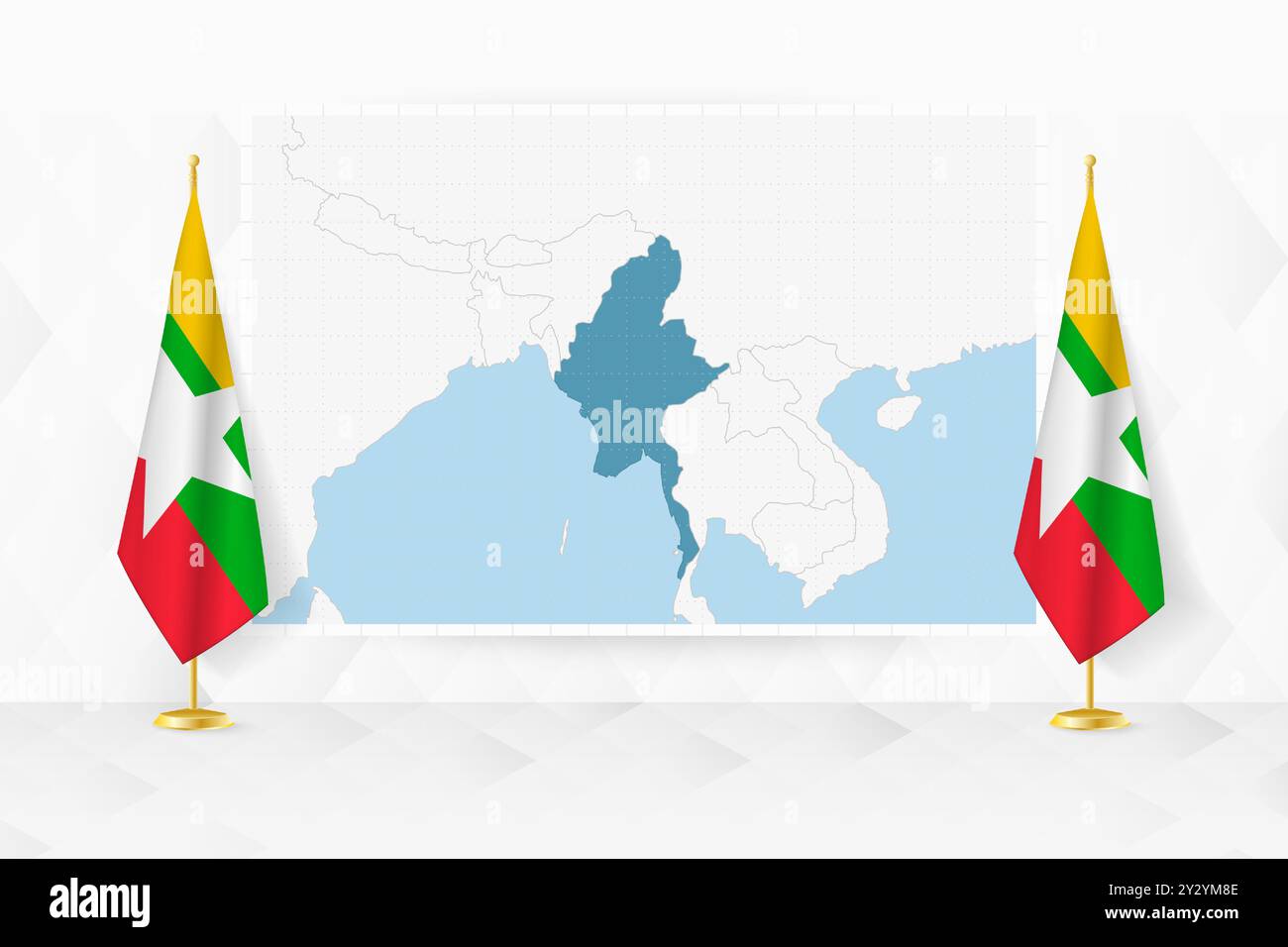 Map of Myanmar and flags of Myanmar on flag stand. Vector illustration for diplomacy meeting ...
