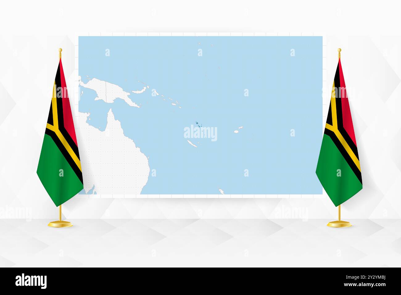 Map of Vanuatu and flags of Vanuatu on flag stand. Vector illustration for diplomacy meeting ...