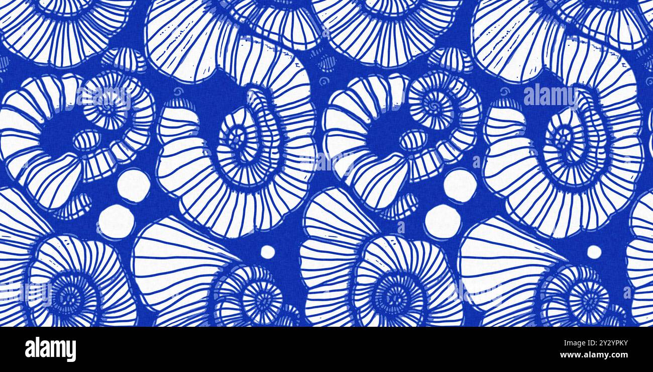 Azure blue white shell motif with linen seamless batik border ...