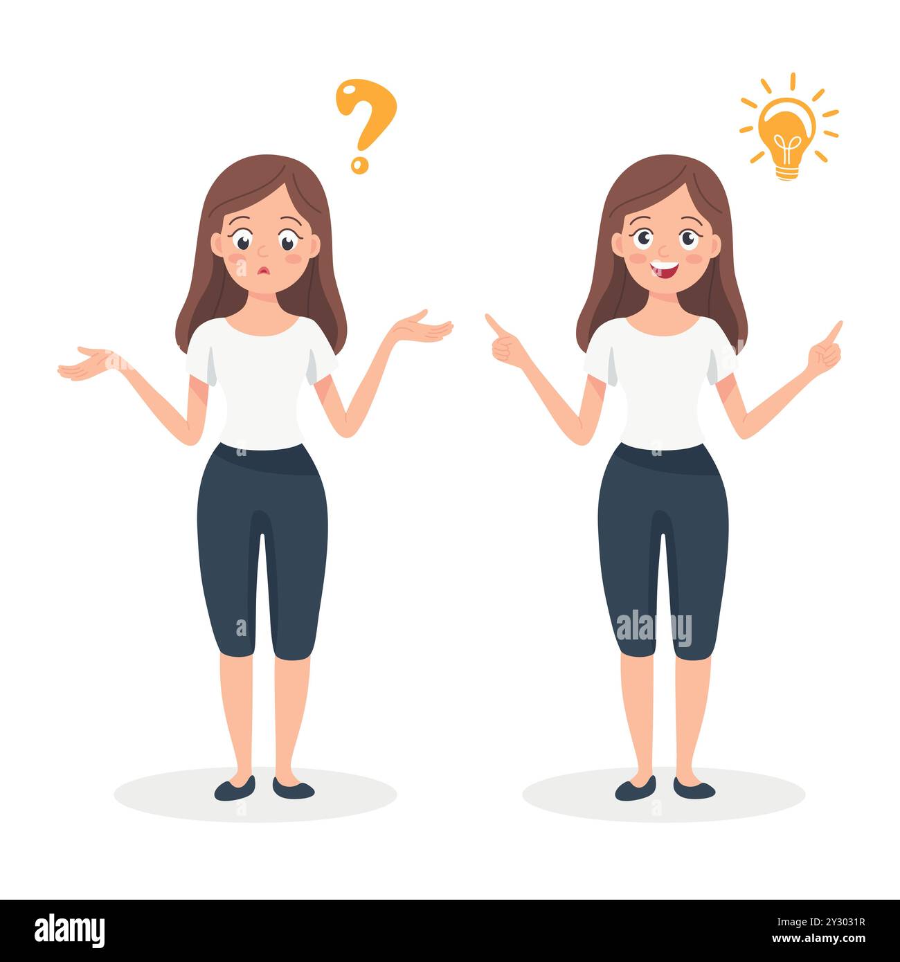 Confused and Happy Cartoon Woman Set. Problem Solving, Question Mark and Lightbulb Idea ...