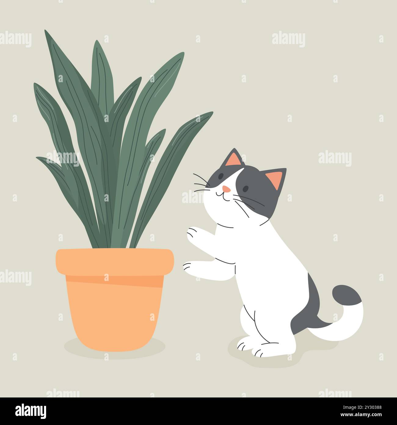 Cute Cartoon Flat Vector Cat Reaching for a Potted Plant. Vector ...