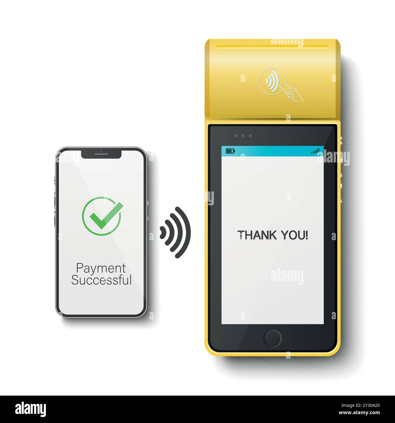 Vector 3D Realistic Yellow NFC Payment Terminal and Smartphone Closeup. Successful Payment ...