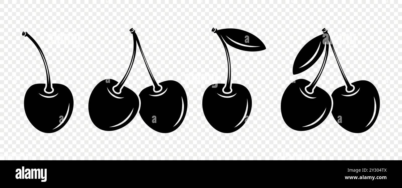 Adorable Black and White Cherry Silhouette Icon Set. Cute Outline ...