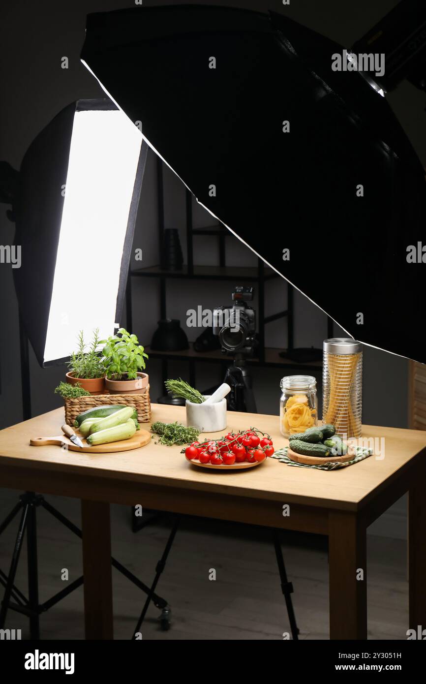 Shooting food in photo studio with professional lighting equipment ...