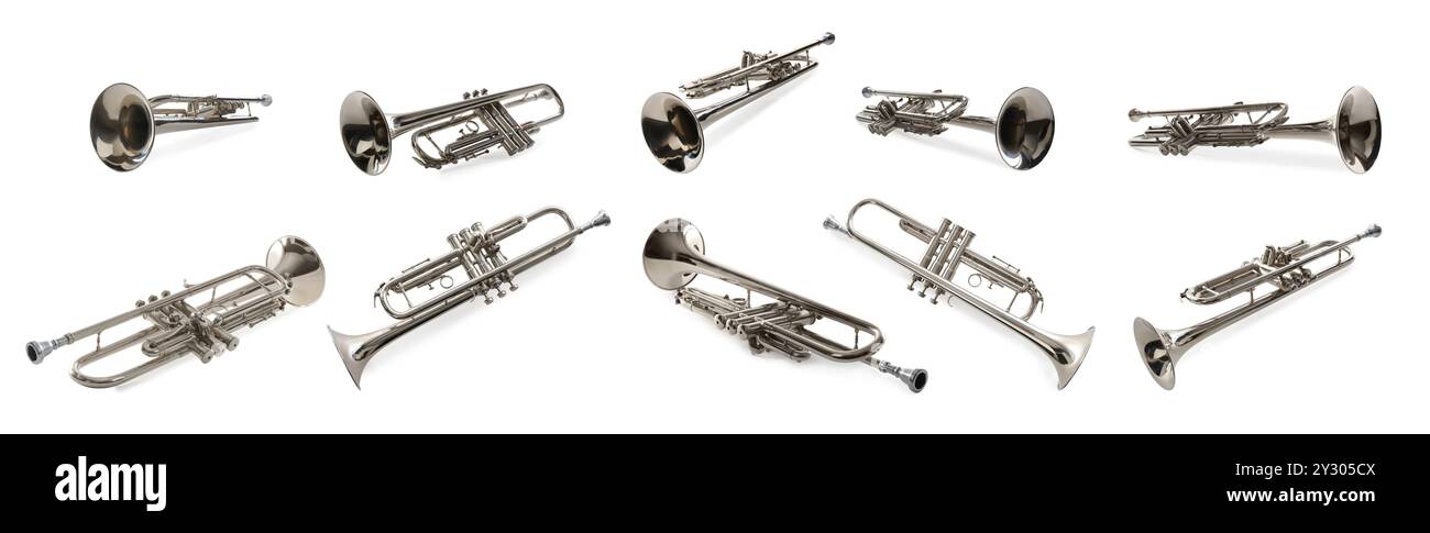 Trumpet isolated on white, collage. Musical instrument Stock Photo - Alamy