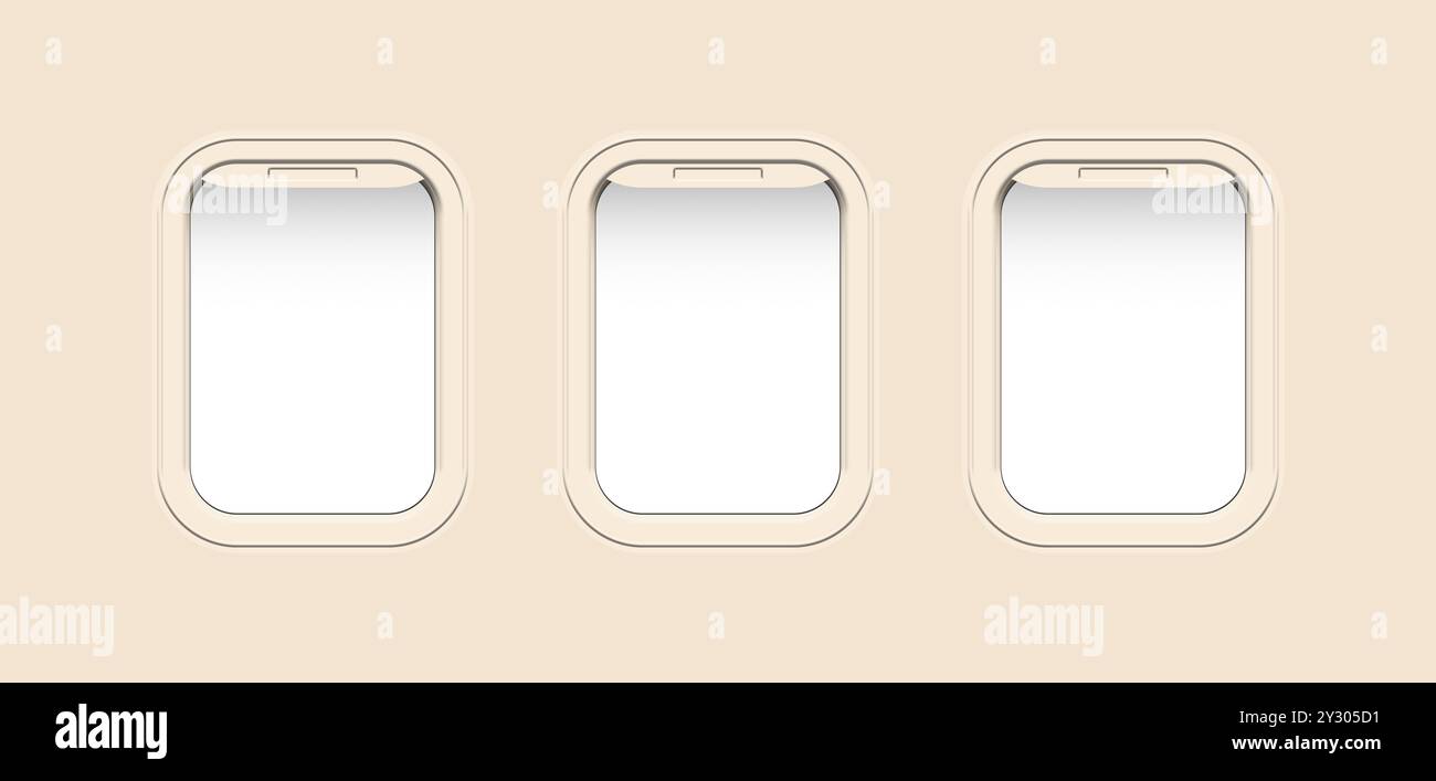 Airplane windows, view from inside cabin with beige sidewall Stock ...