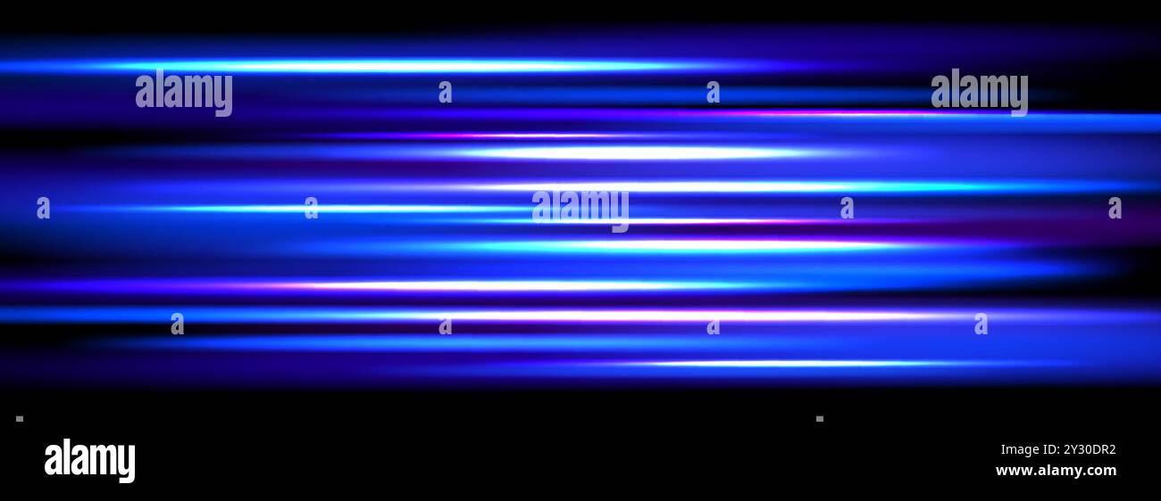 Neon glowing horizontal stripes background. Blue purple speed light ...