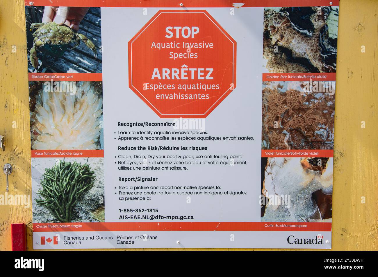 Fisheries and Oceans stop aquatic invasive species sign at the harbor ...