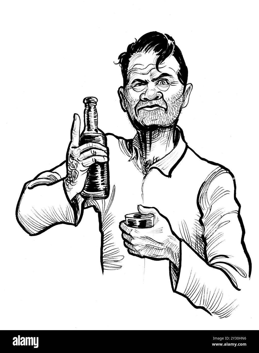 Alcoholic man. Retro styled ink black and white illustration Stock ...