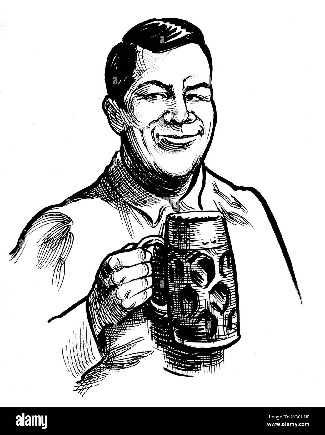 Man drinking a mug of beer. Hand drawn retro styled ink black and white ...