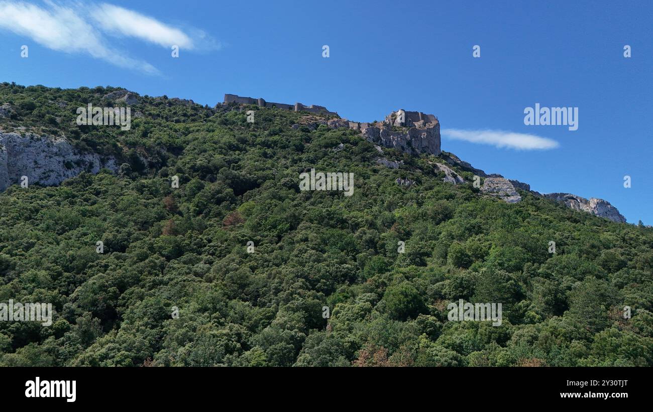 Aerial view of the Cathar castle of Peyrepertuse in the Aude region of ...