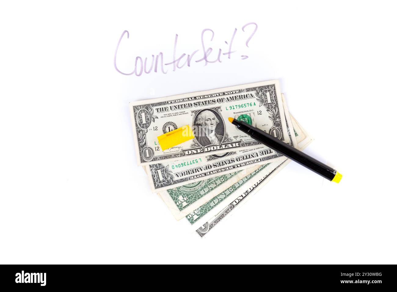 Dollar bills with a counterfeit money check marker Stock Photo - Alamy