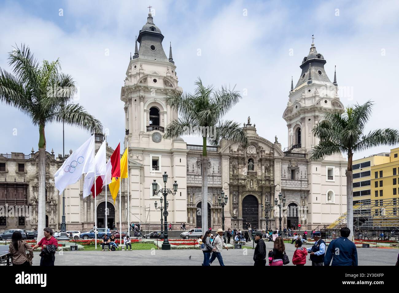 View of the facade of Lima Cathedral at Plaza Mayor in the Historic ...