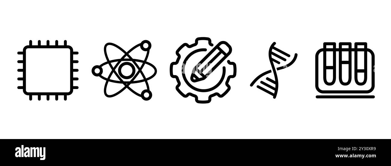 icon set science of semiconductor atom engineering design symbolize with DNA lab tube processor ...