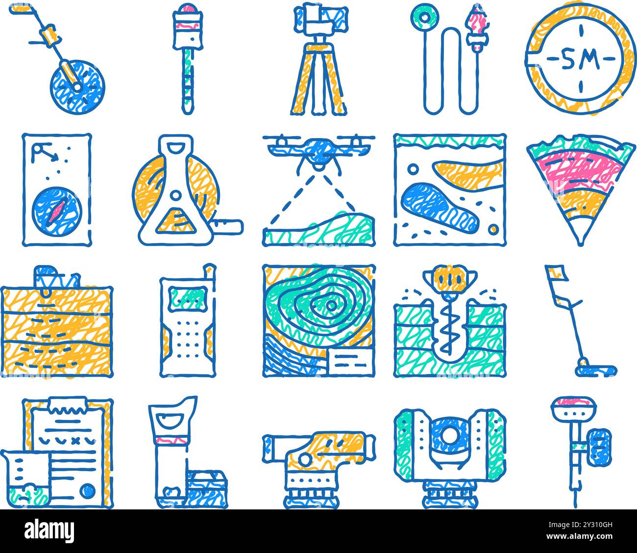 geodesy equipment doodle icons set vector. sketch line art odometer and ...