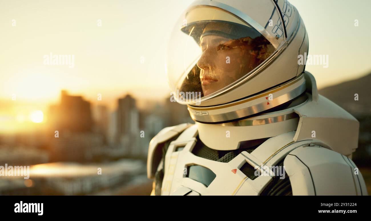 Woman, astronaut and thinking in city for future survival, planet ...
