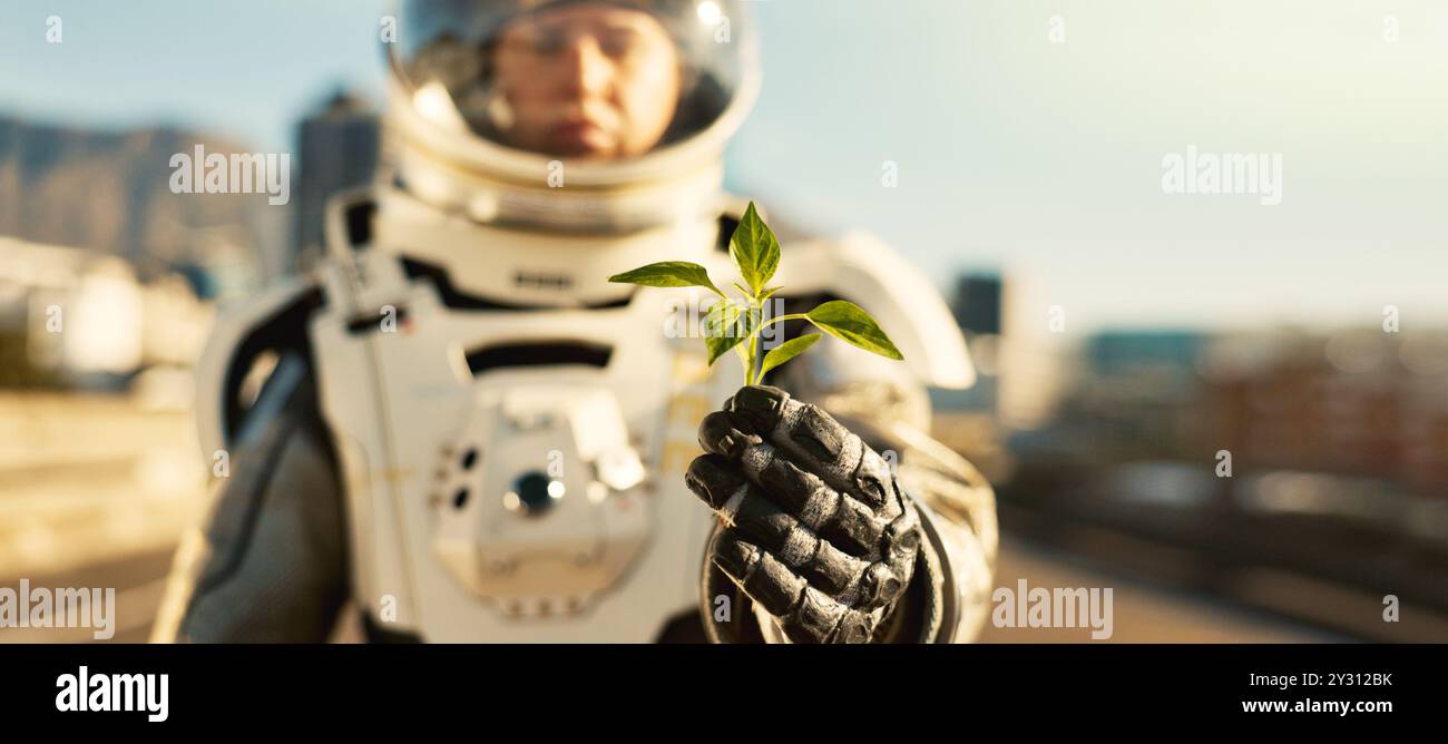 Person, astronaut and outside with plant in road for scientific ...