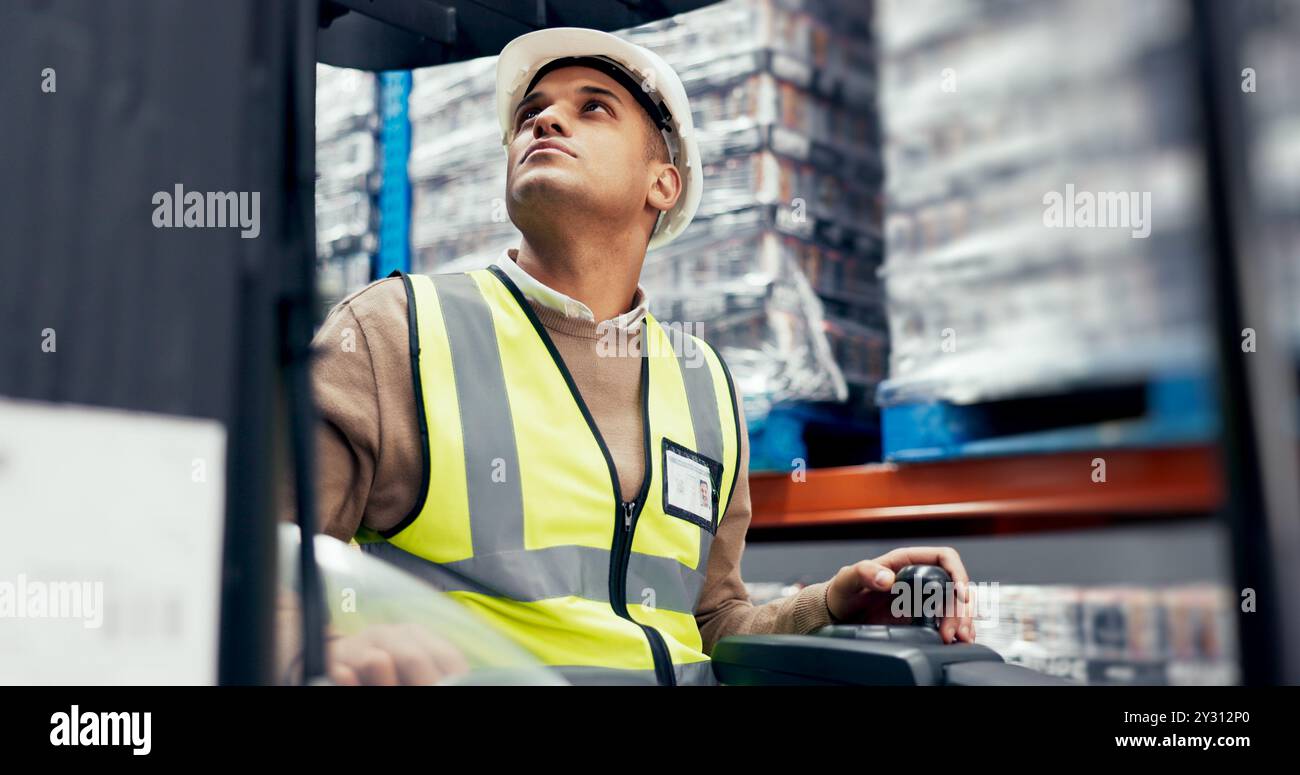 Man, forklift and warehouse for logistics, inventory and supply chain ...