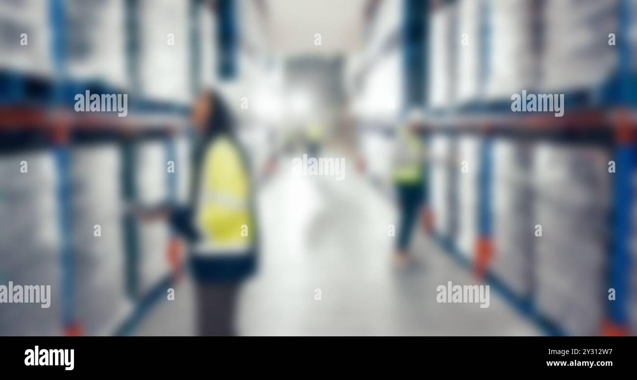Blur, warehouse and employee with logistics, stock and supply chain ...
