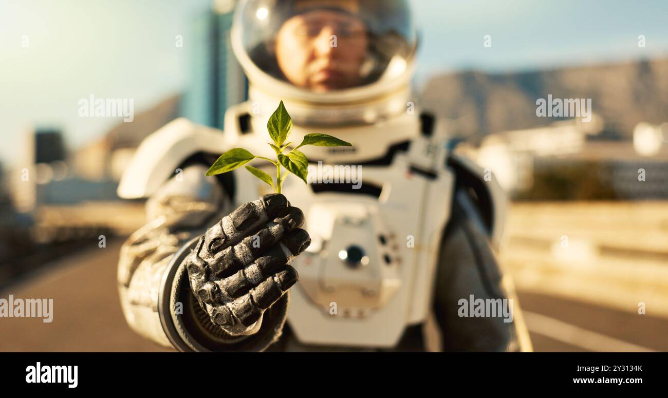 Person, astronaut and outside with plant in city for scientific ...
