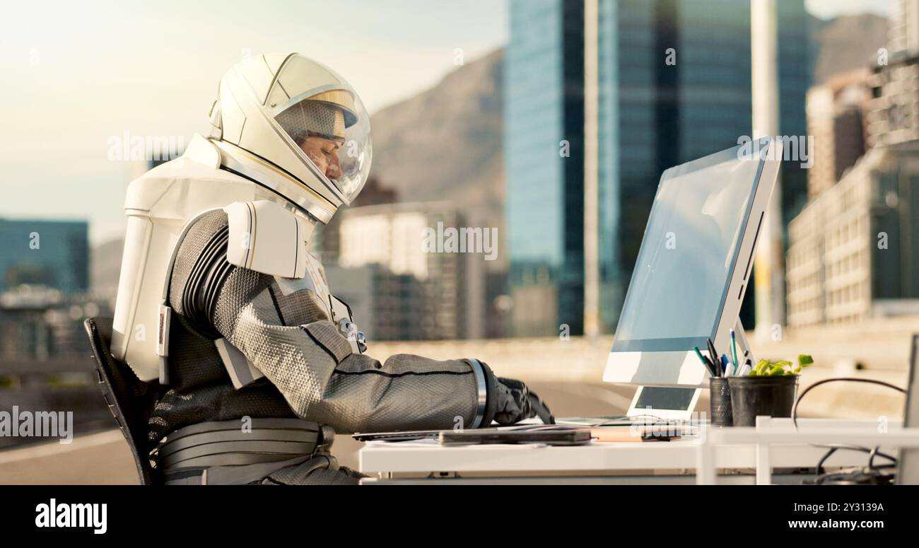 Technology, astronaut and helmet with computer on planet for discovery ...