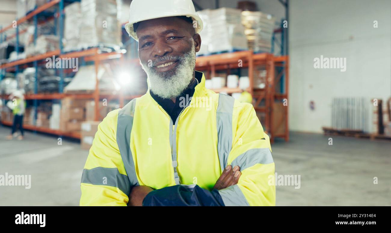 Happy, crossed arms and portrait of logistics worker in warehouse for ...