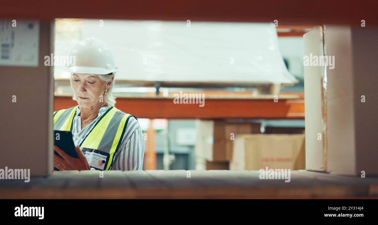 Mature woman, storage check and tablet with scanning, checklist and ...