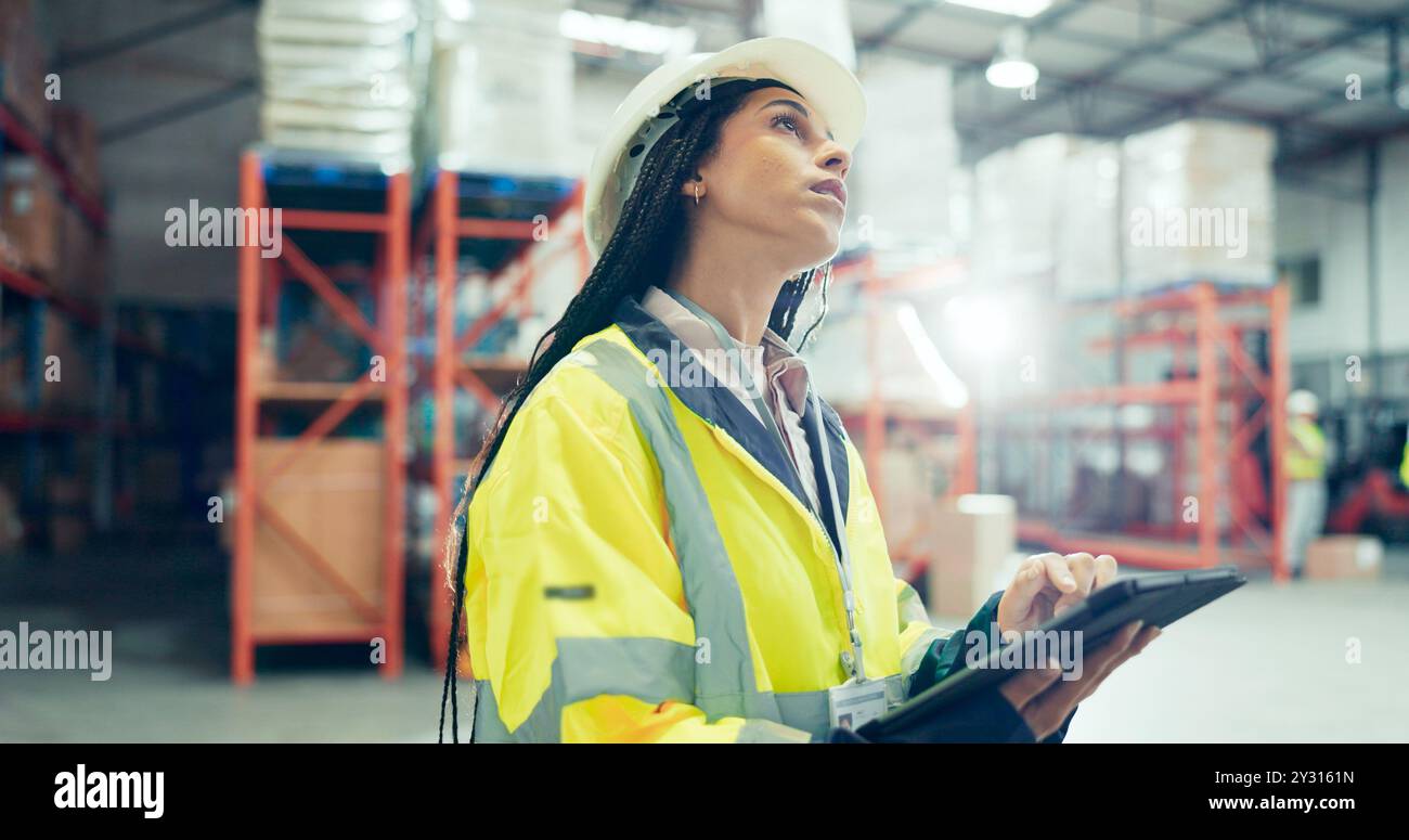 Shipping, tablet and cargo with woman in warehouse for logistics ...