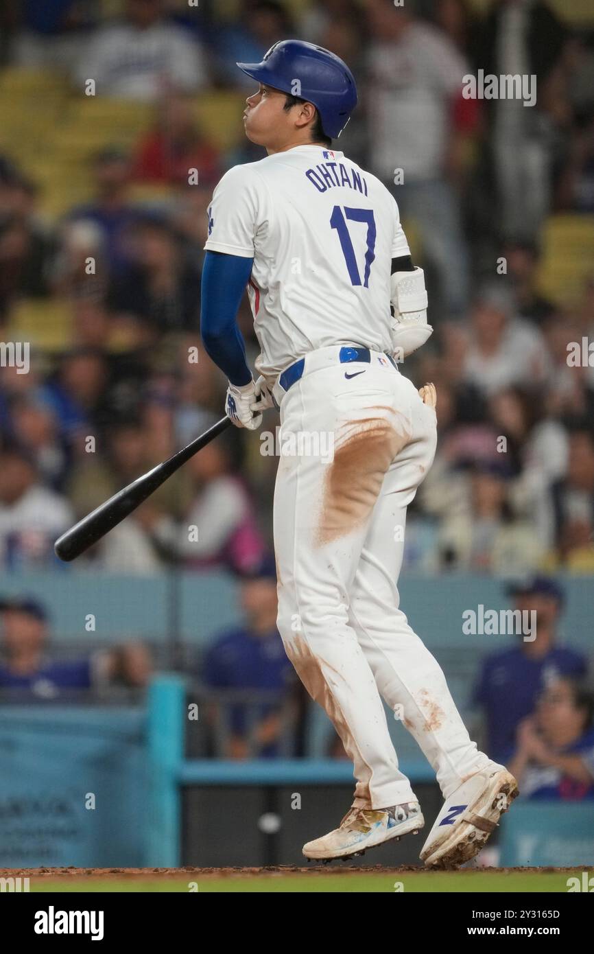 Los Angeles Dodgers designated hitter Shohei Ohtani (17) flies out to ...