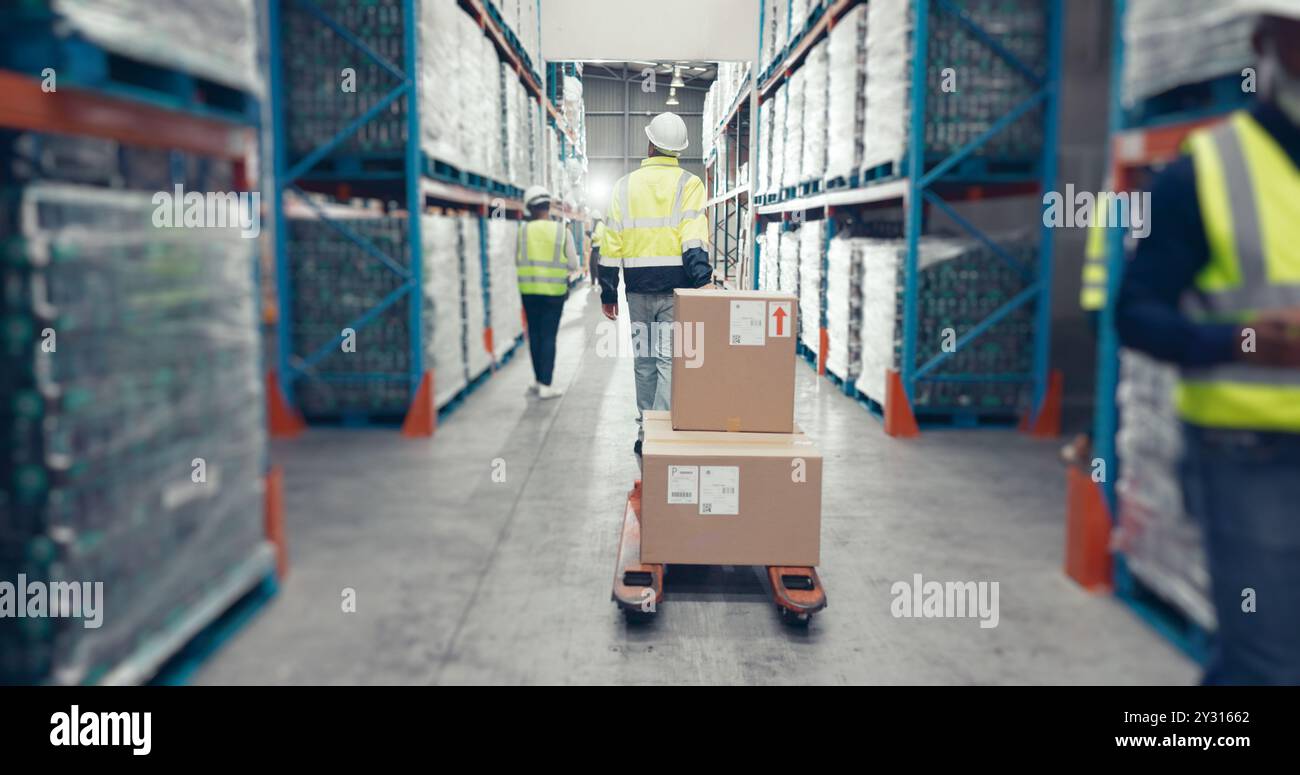 Logistics, box and pallet jack with people in warehouse for ...