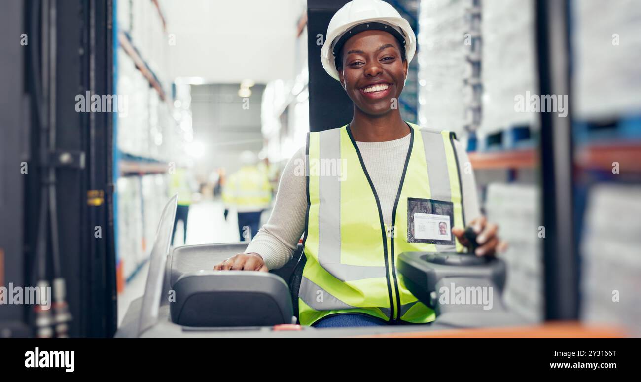Logistics, black woman and smile in forklift for portrait, inventory ...