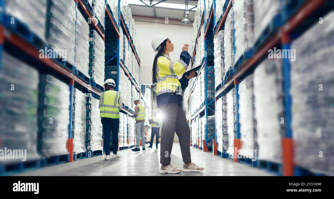 Woman, thinking and tablet in warehouse for stock management, supply ...