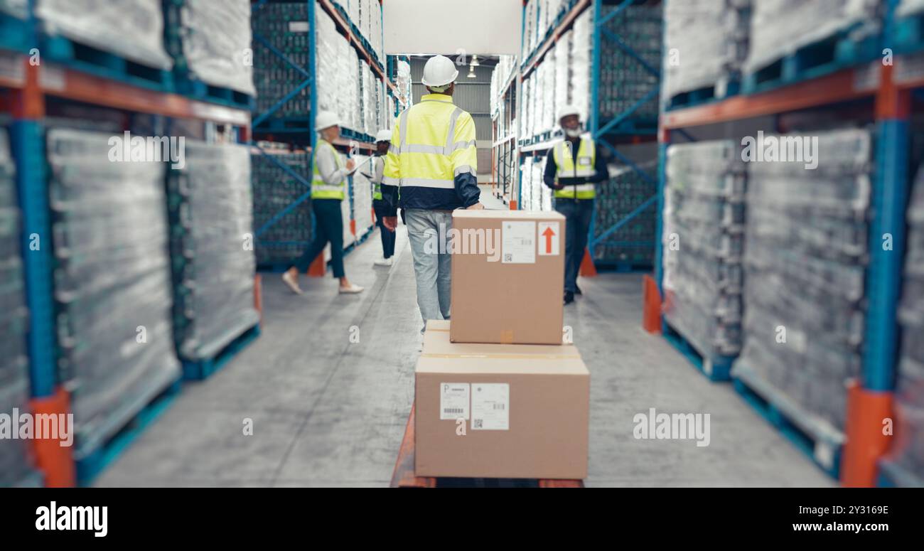 Export, box and shipping with people in warehouse for distribution ...