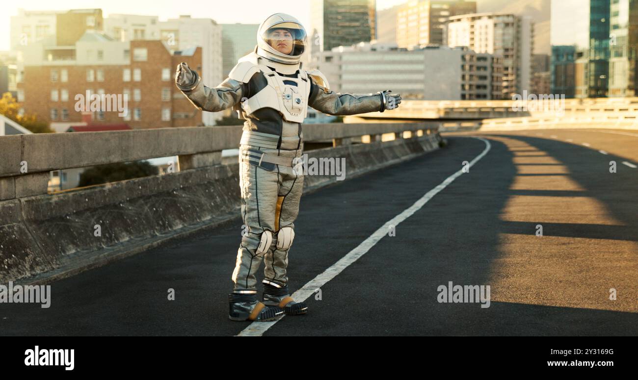 Earth, travel and astronaut lost in city with future dystopia, road and ...