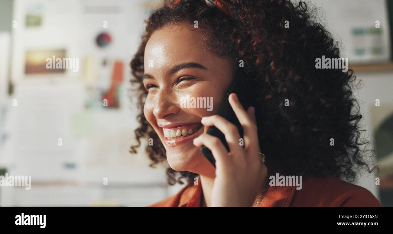 Phone call, creative and smile with business woman in office for design ...