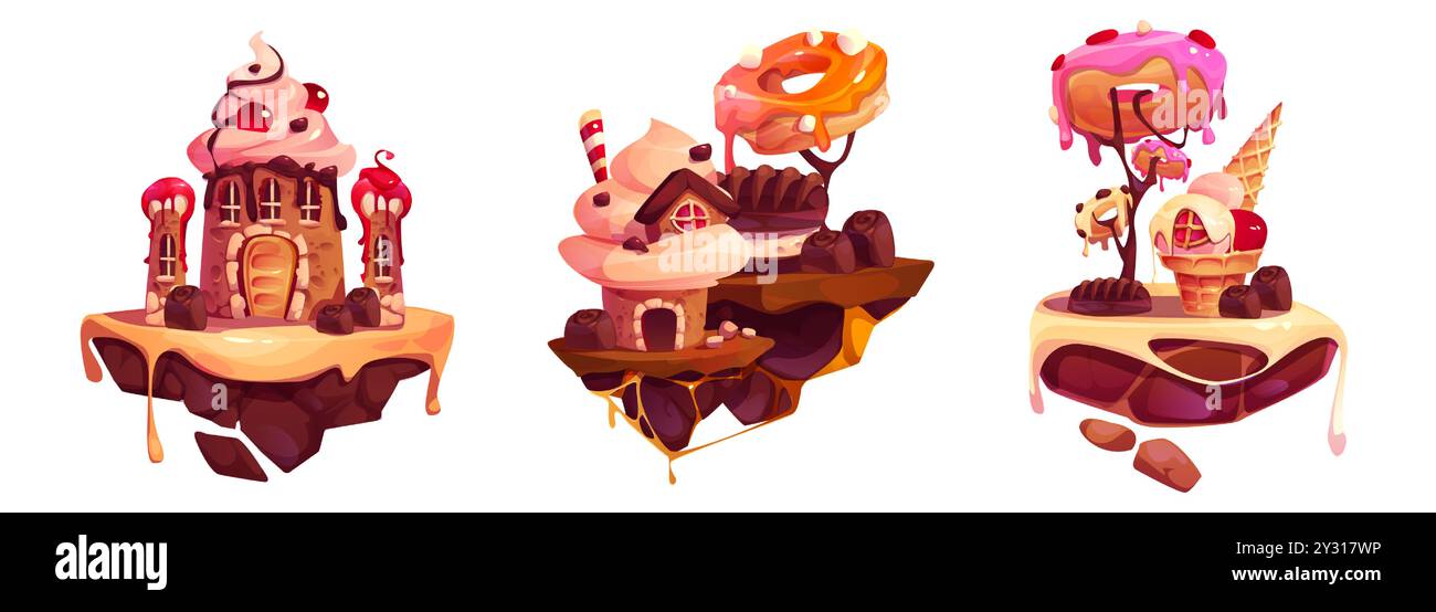 Candy land game ui design floating islands with castle, house and tree ...