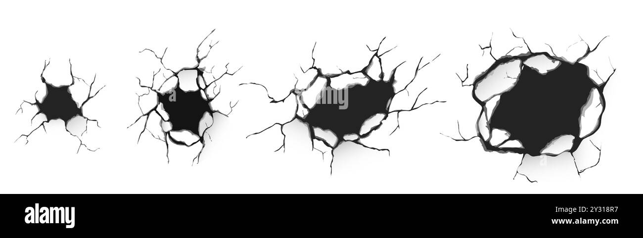 Broken concrete wall or ground. Realistic 3d vector set of cracks and ...