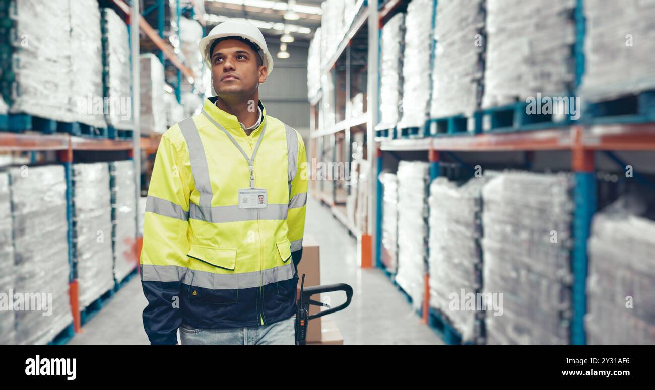 Logistics, man and trolley in warehouse with packaging, storage and ...