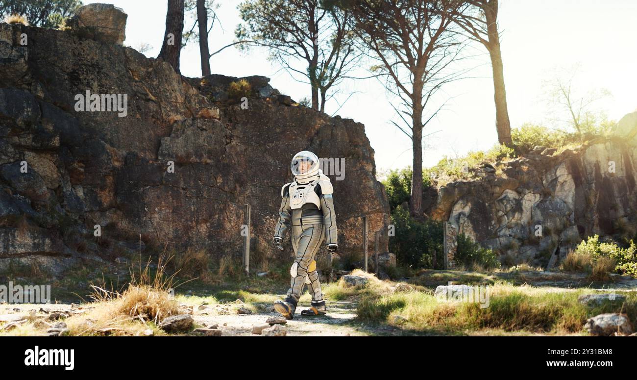 Nature, walking and astronaut exploring planet earth on mission for ...