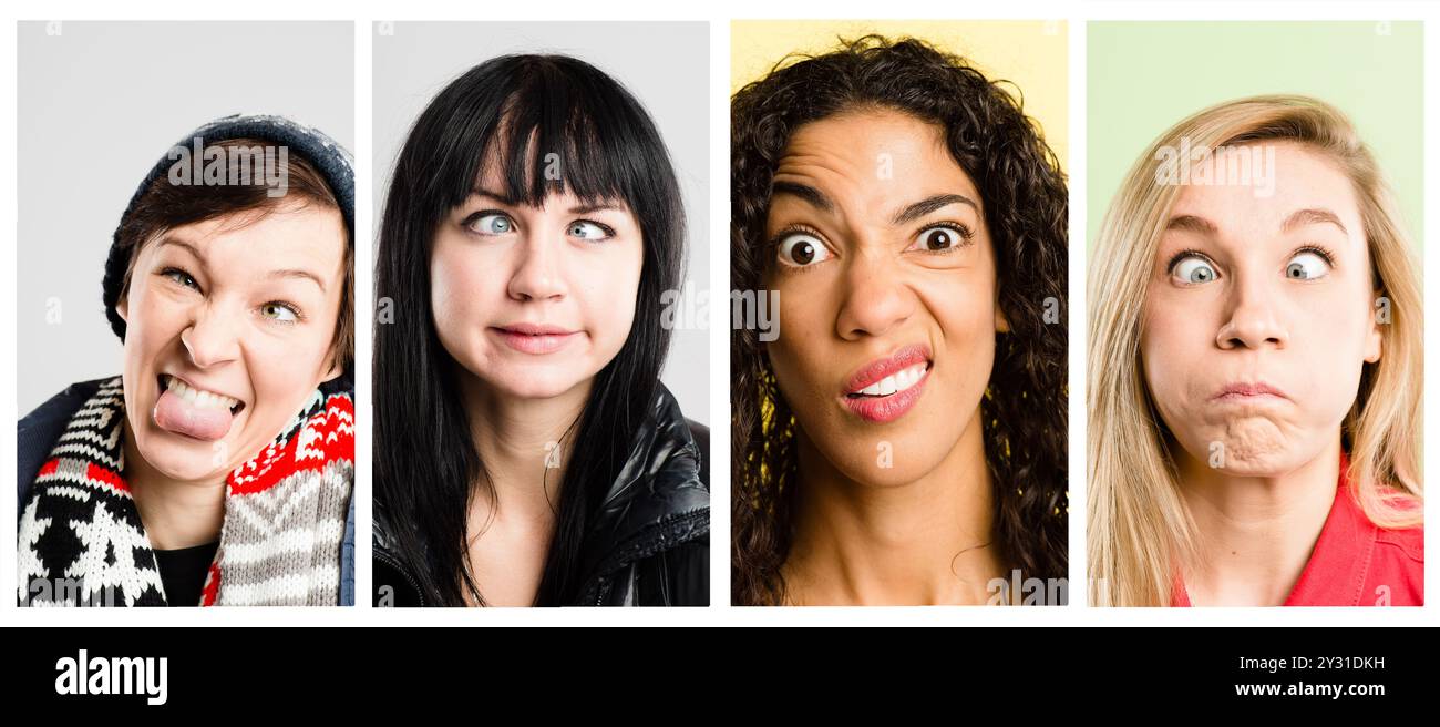 Collage, funny and face of women with comedy, silly and joke in studio ...