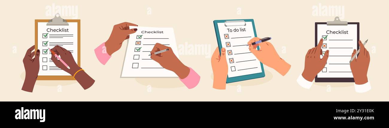 Set of hands holding checklist. Characters filling to do list ...