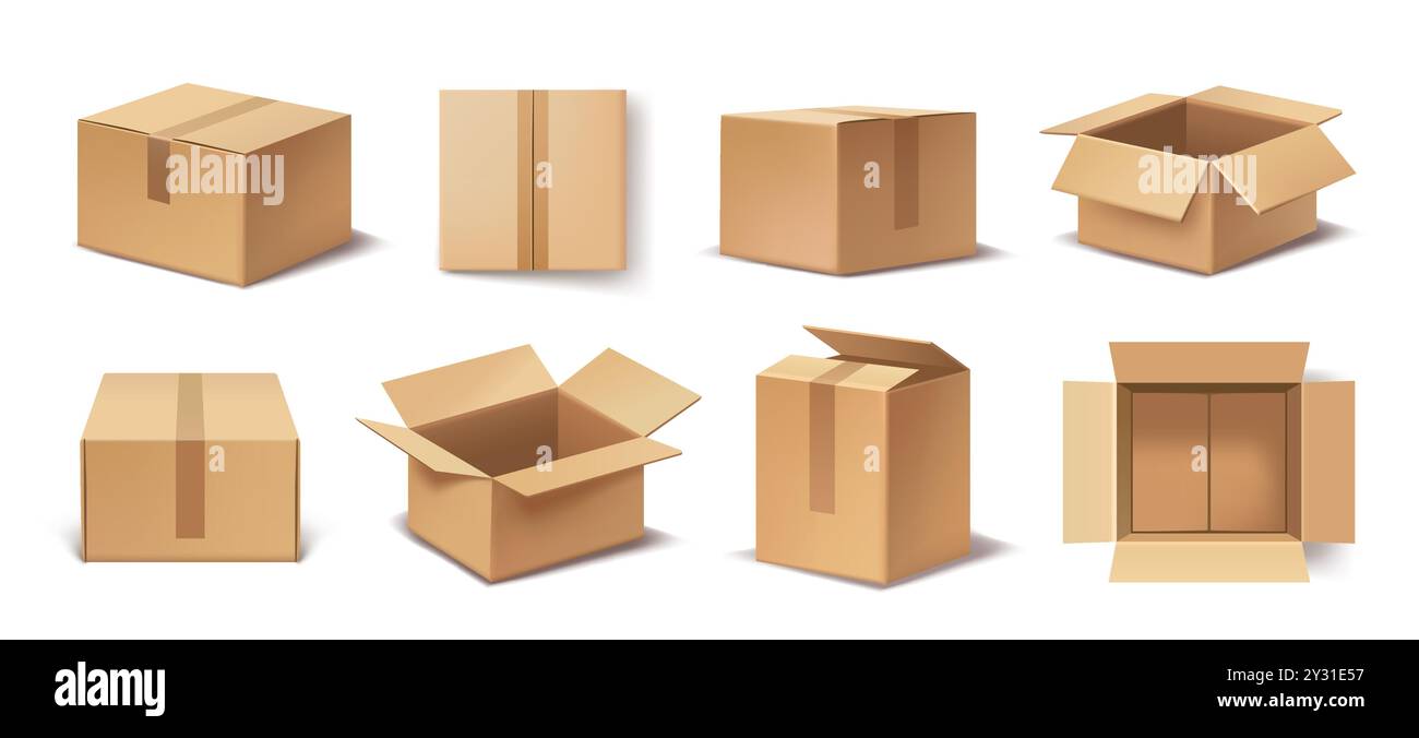 Set of realistic boxes. Front and top views of closed and open ...