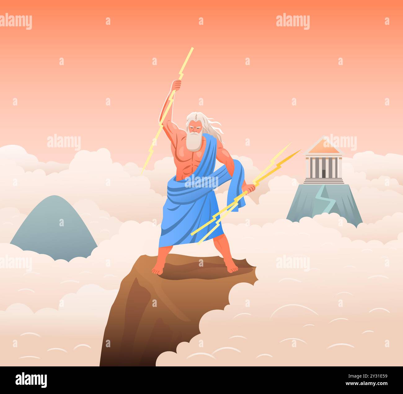 Greek God Zeus. Poster with father of Gods, god of lightning and thunder standing on top of ...