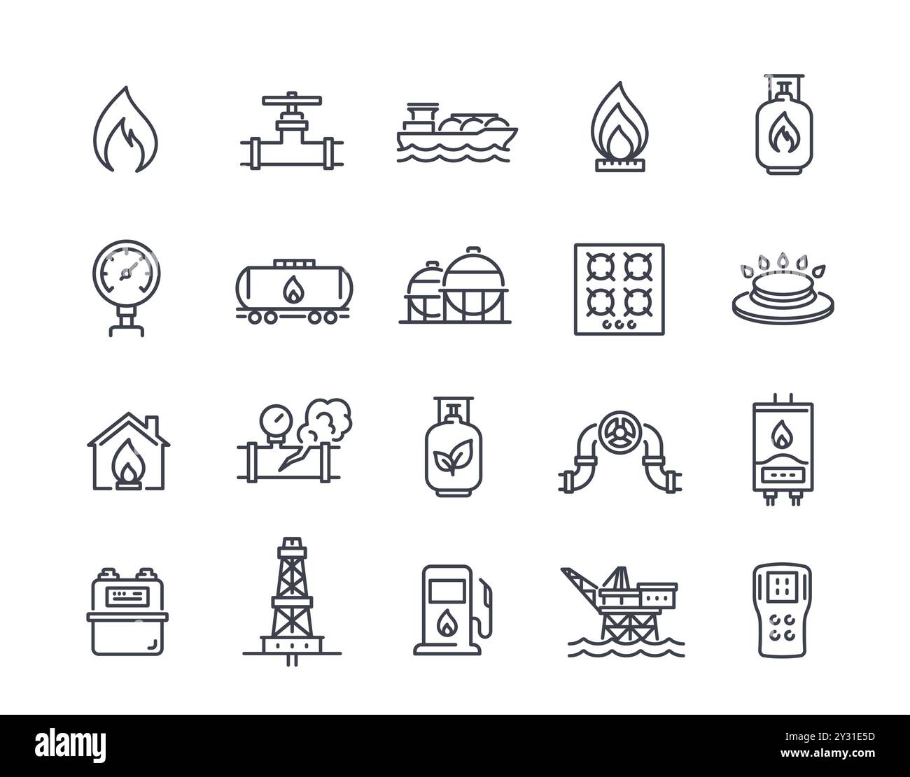 Set of natural gas line icons. Simple symbols with gas pipeline, cast iron burners, fuel tanks ...