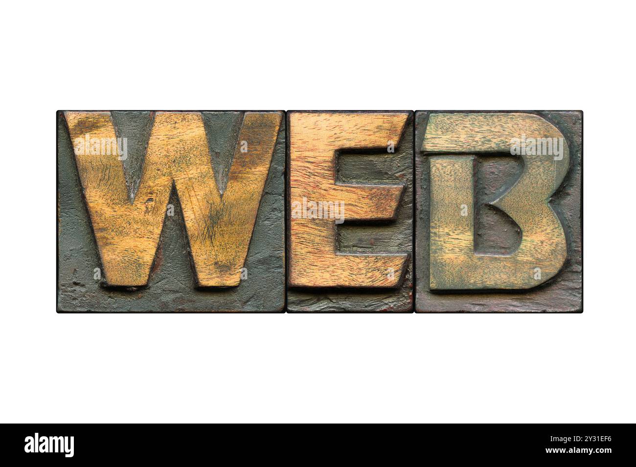 web word made from vintage bold letterpress blocks isolated on white ...