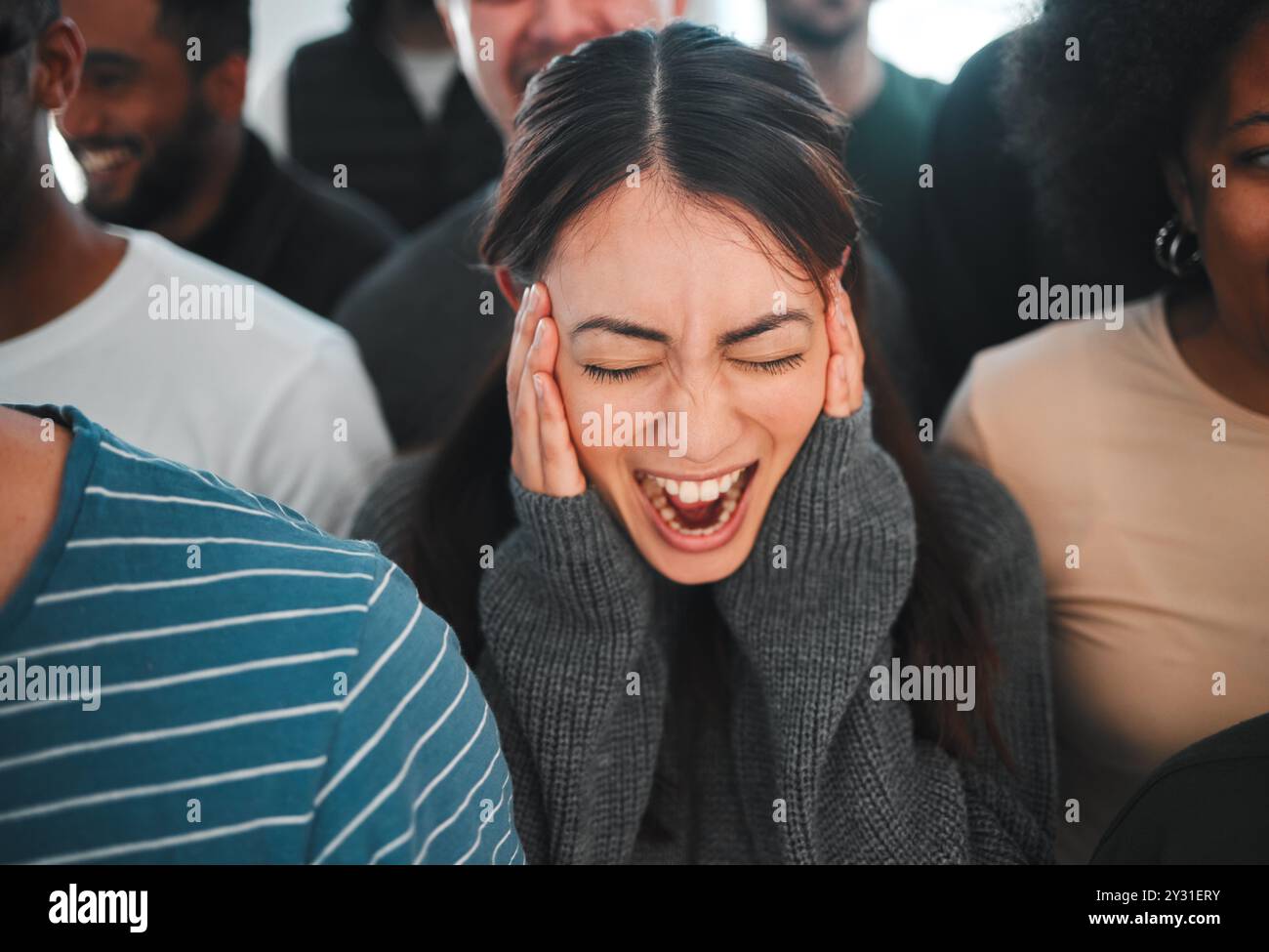Schizophrenia, people and woman with depression stress for bipolar terror, shouting or mental ...
