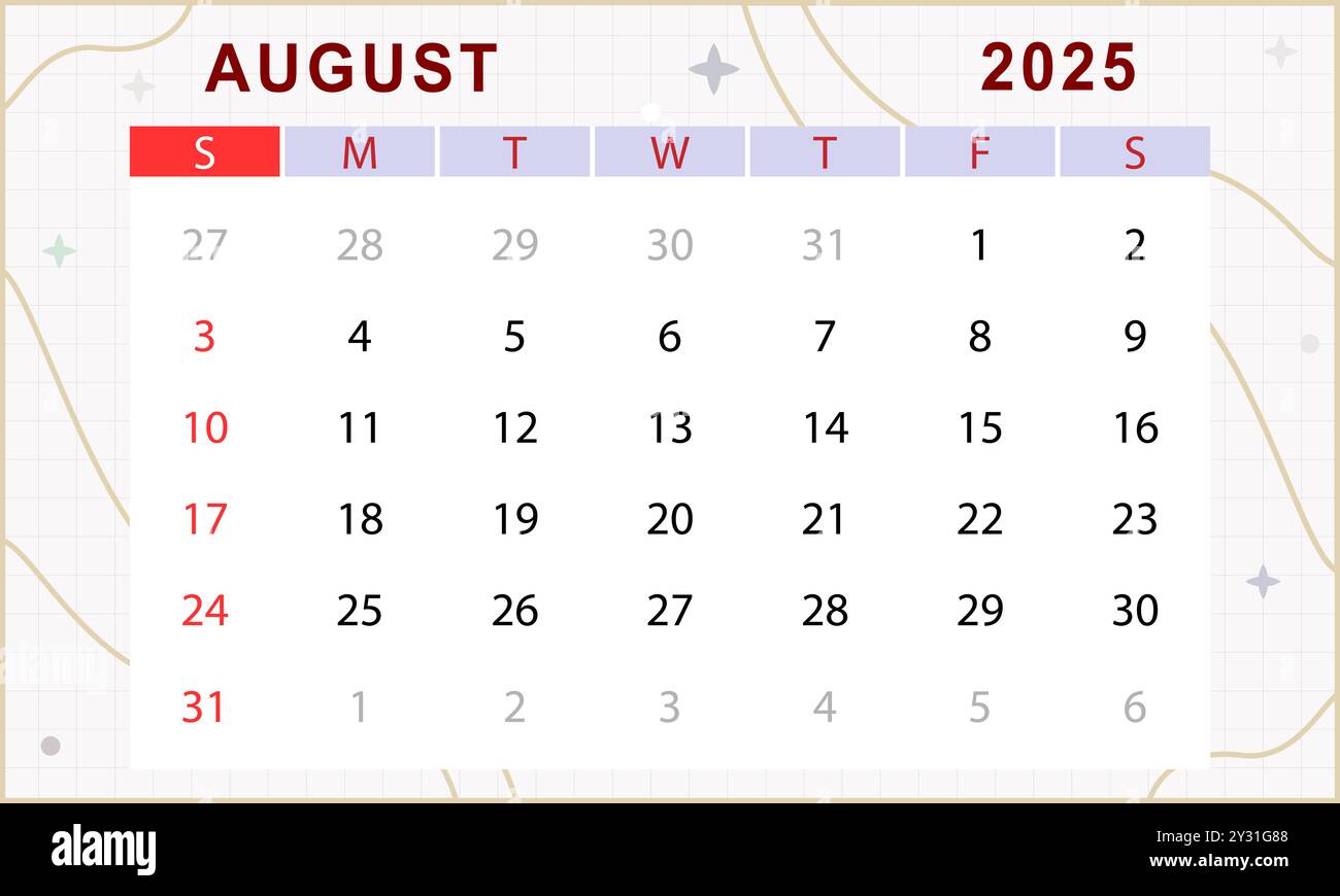 August 2025 monthly calendar. Cute calendar template. Sunday start ...