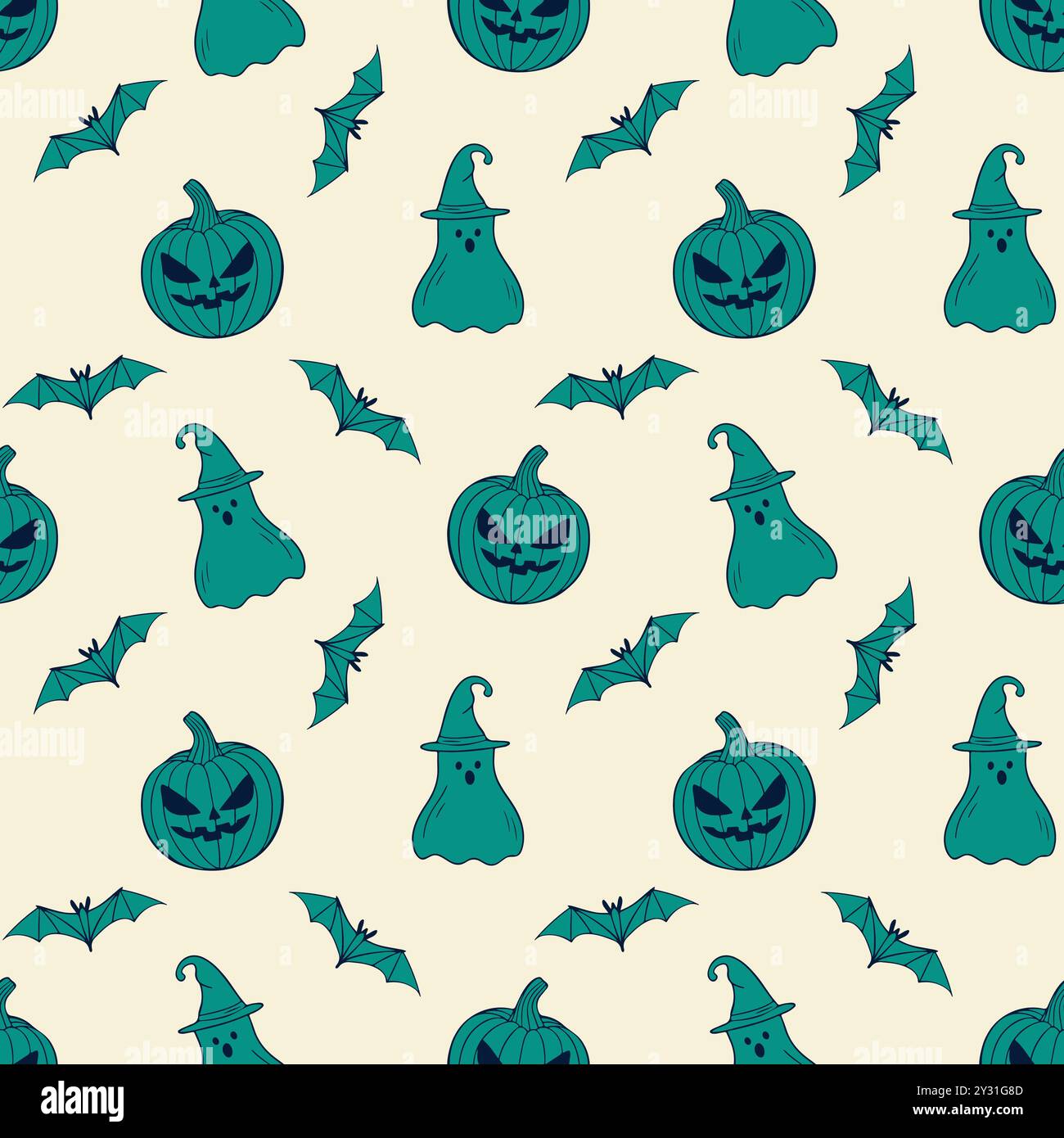 Scary Halloween beige pattern with creepy pumpkin, ghost in wizards hat ...