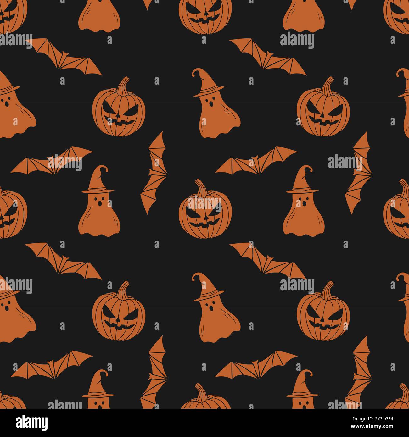 Halloween dark pattern with creepy pumpkin, ghost in wizards hat and ...