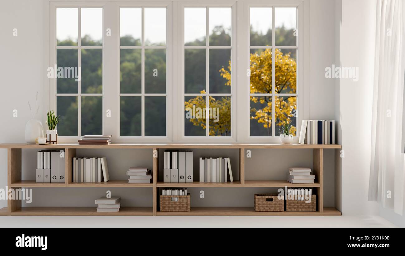 A front view of a lower bookcase against the window in a bright ...